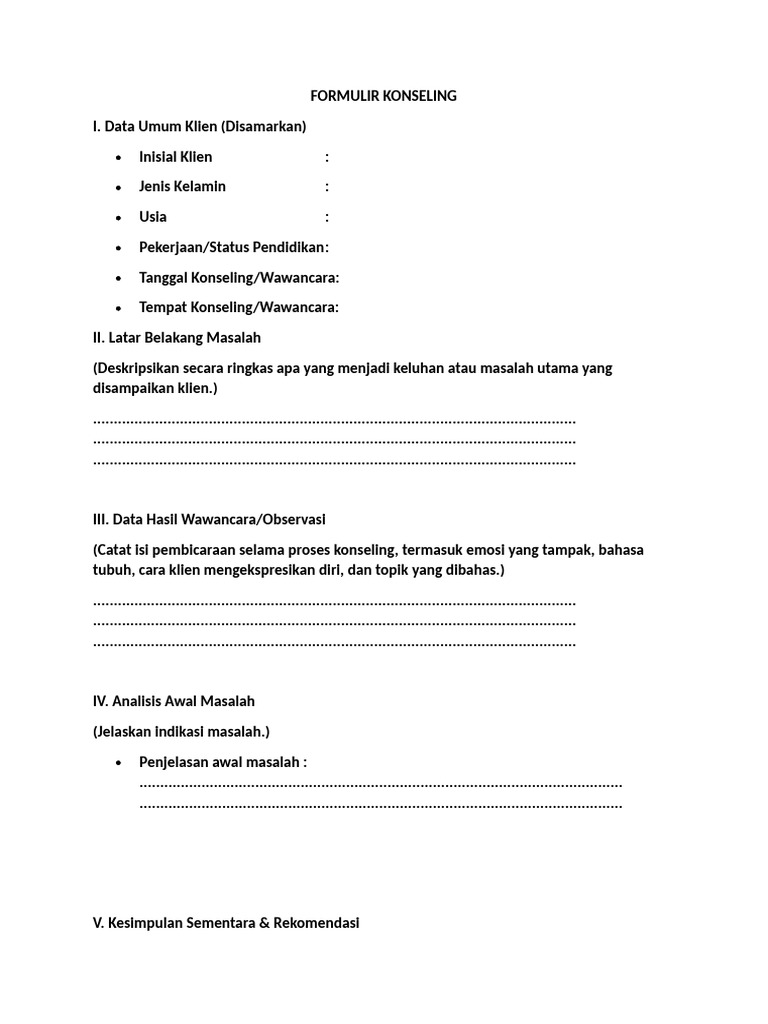 Formulir Konseling Klien Psikologis | PDF