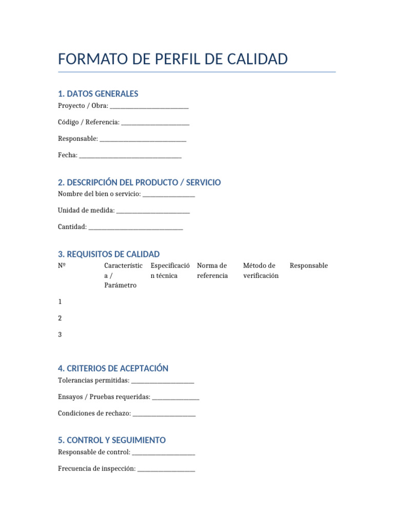 Formato de Perfil de Calidad 2023 | PDF