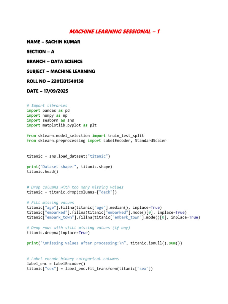 Sachin Kumar Titanic Dataset (q6) | PDF | Computer Programming | Statistics