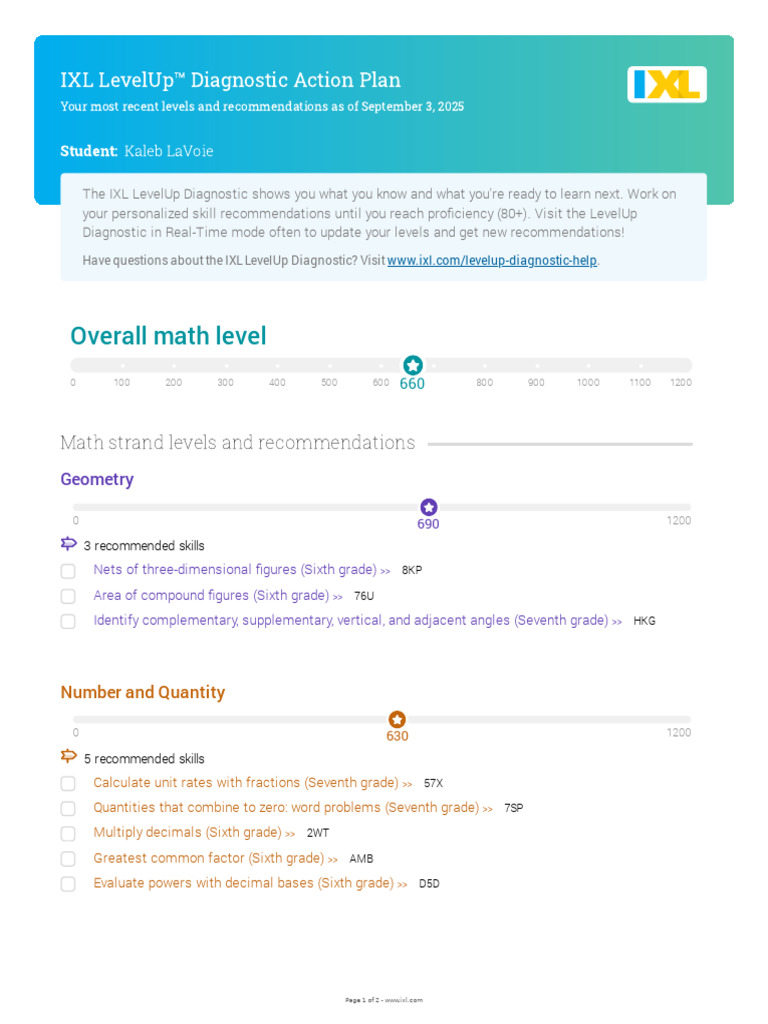 IXL Diagnostic Report 2025-09-03 LaVoie Kaleb | PDF