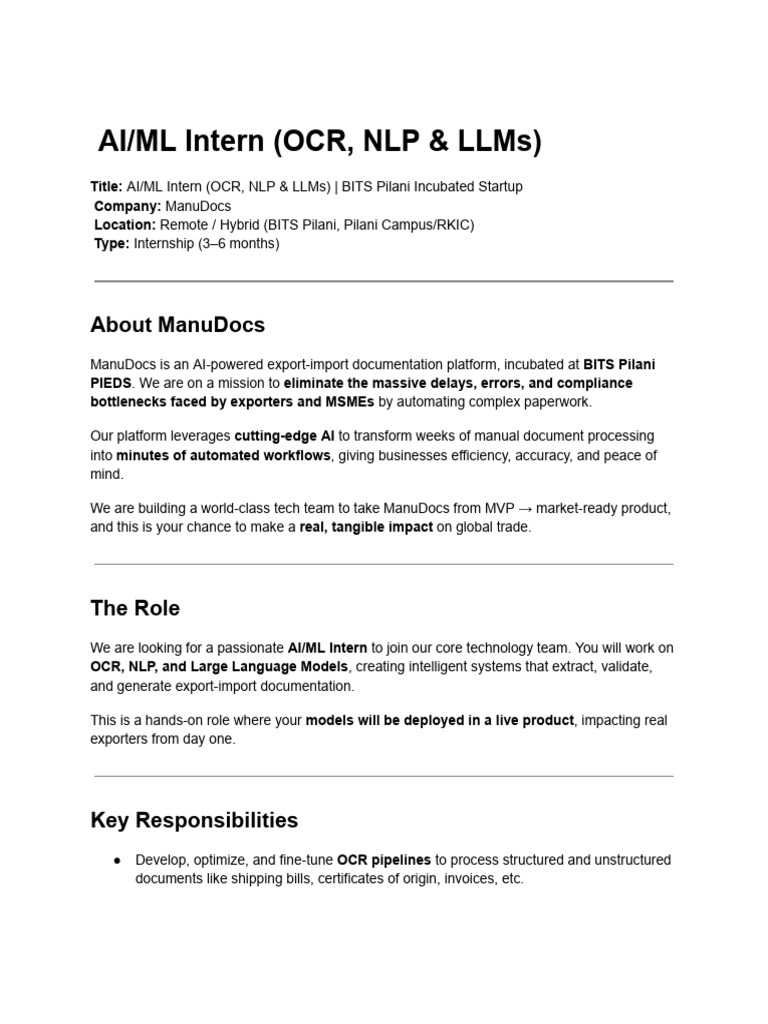AI/ML Internship at ManuDocs | PDF | Optical Character Recognition ...