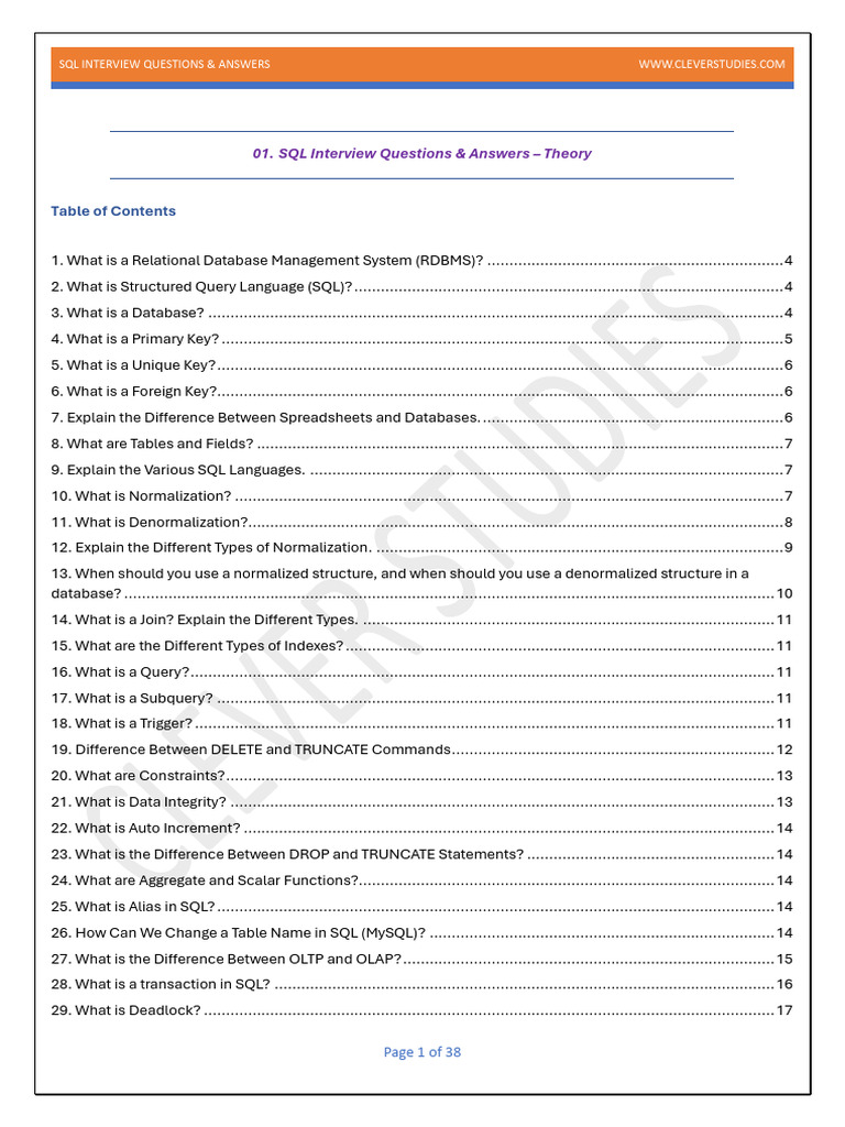 01 SQL Interview Questions and Answers - Theory-72 | PDF | Database Index | Databases