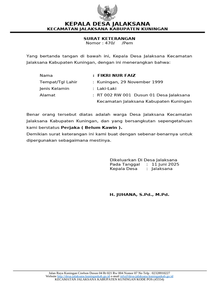 Surat Keterangan Jejaka Fikri Nur Faiz | PDF
