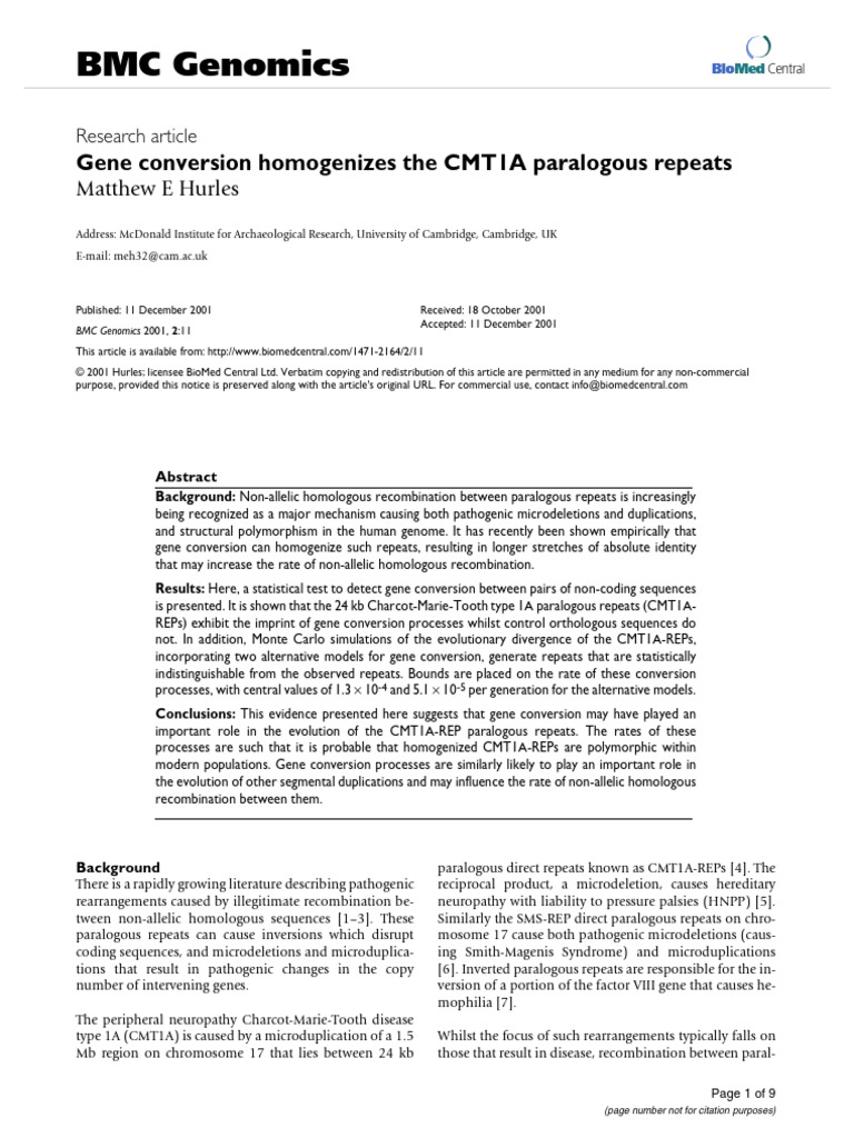 Gene Conversion in CMT1A Repeats Analysis | PDF | Gene Duplication ...
