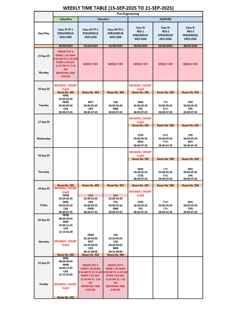 Jee Time Table 15 Sep To 21 Sep | PDF