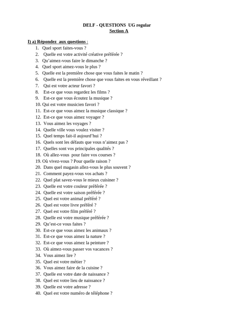 Questions DELF A1 : Activités et Réponses | PDF | Échecs