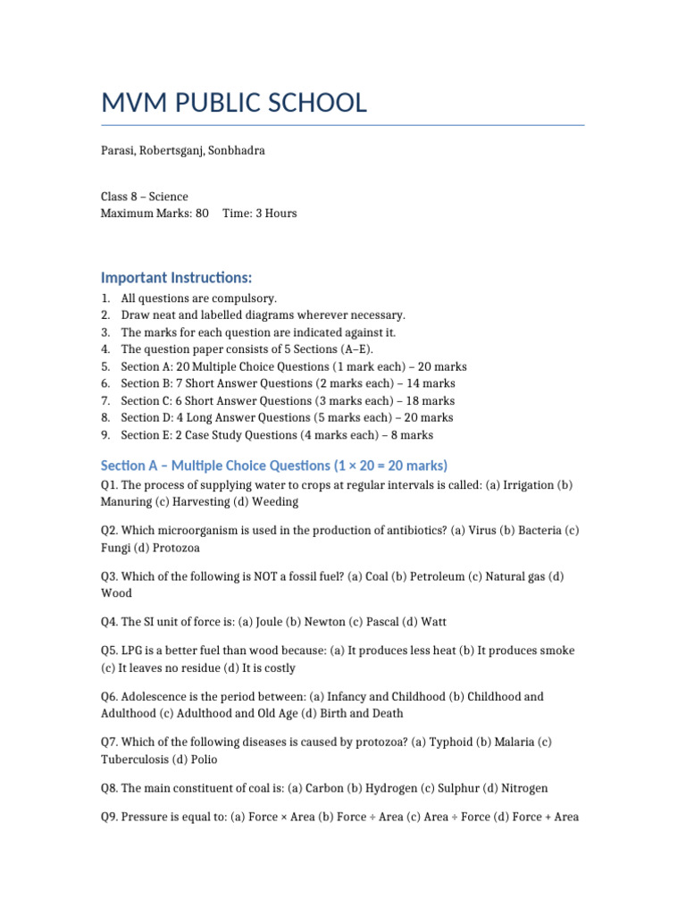 Class 8 Science Question Paper | PDF | Force