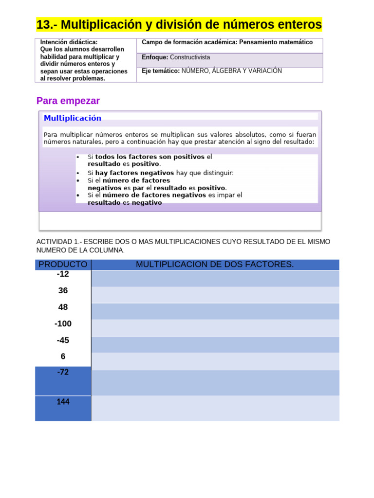 Multiplicación y División de Enteros | PDF | División (Matemáticas ...