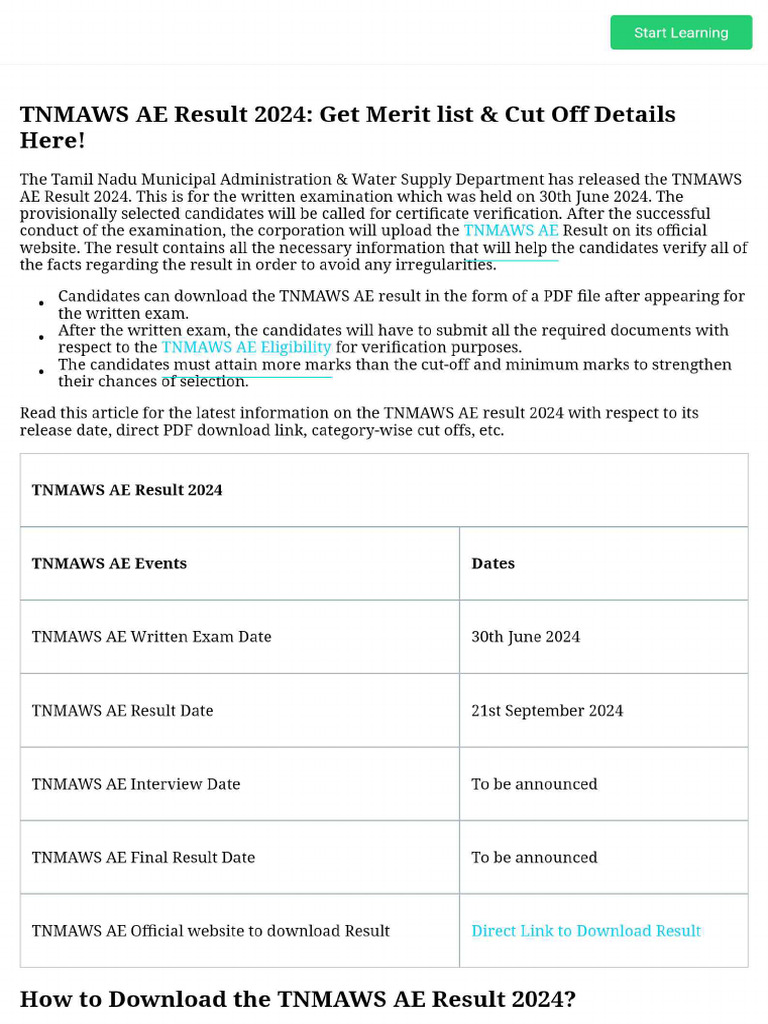 TNMAWS AE Result 2024 - Get Merit List & Cut Off Details Here! | PDF