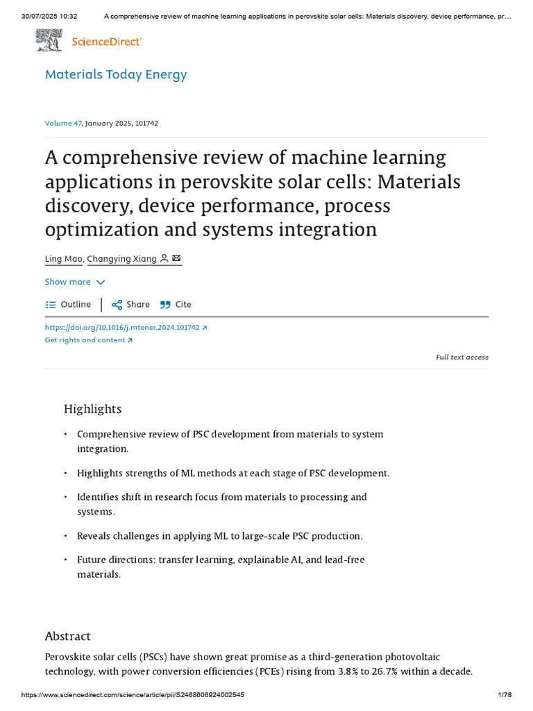 Article 5 A Comprehensive Review of Machine Learning Applications in Perovskite Solar Cells ...