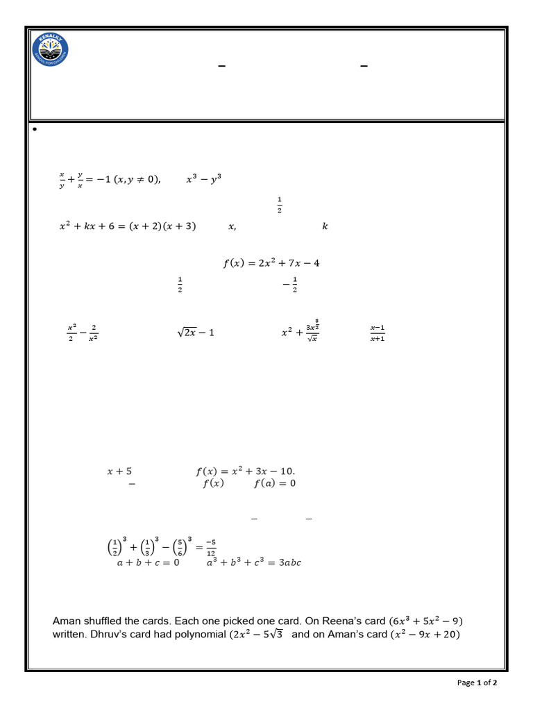 KENALILY - Class IX - Ws-4 - Ch. 2 Polynomials 4 | PDF | Polynomial | Mathematics Of Computing