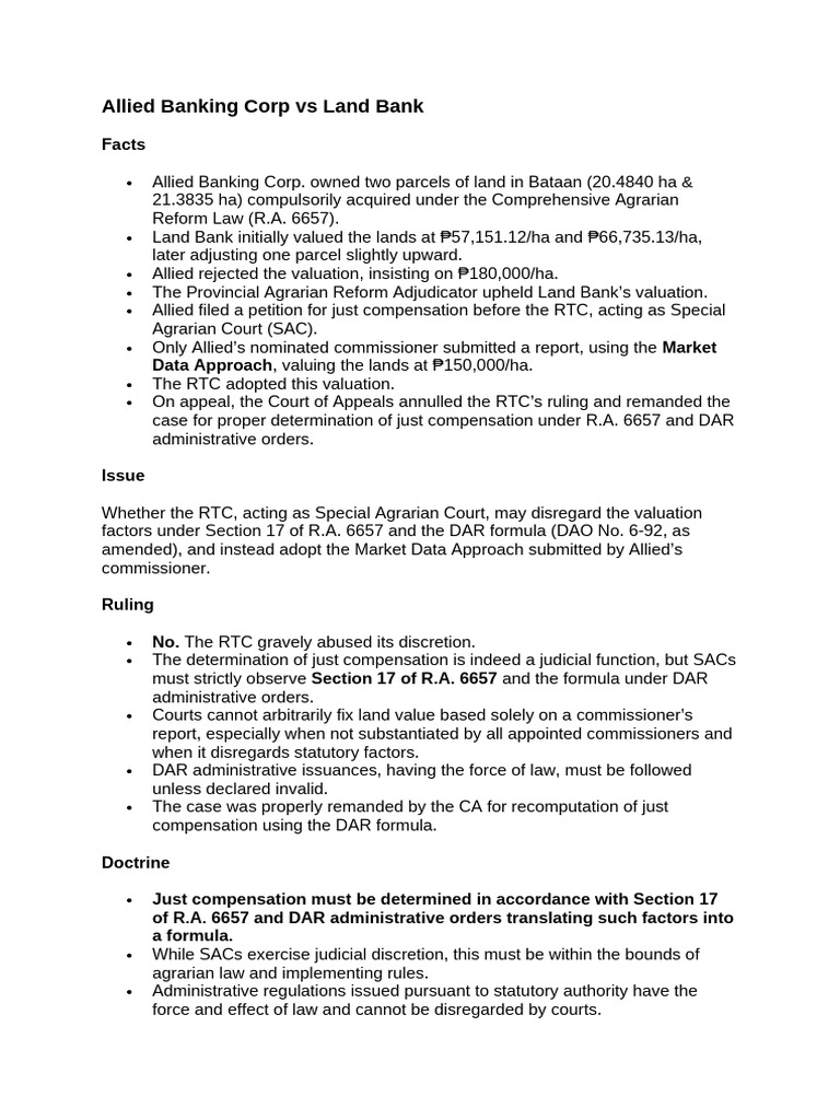 Allied Banking Corp Vs Land Bank Case Digest | PDF | Just Compensation ...