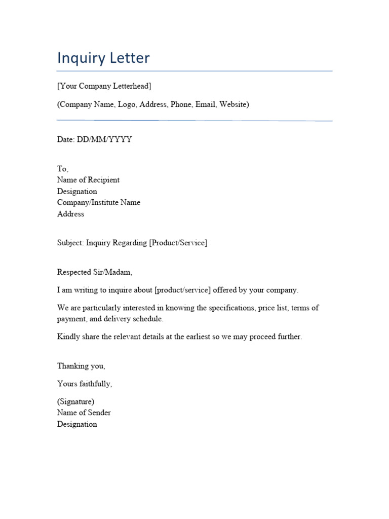 Inquiry Letter Template Example | PDF | Business