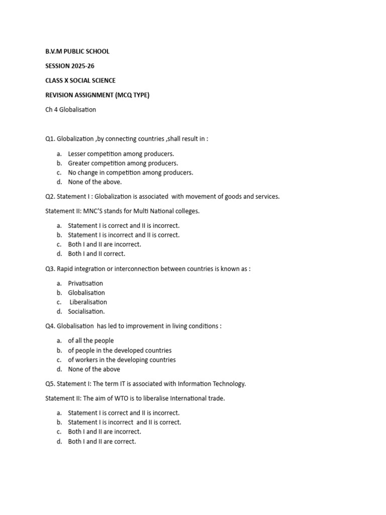CH 4 Globalisation MCQ Class X | PDF | Globalization | Economies