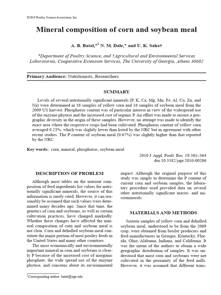 Mineral Analysis of Corn and Soybean Meal | PDF | Soybean | Maize