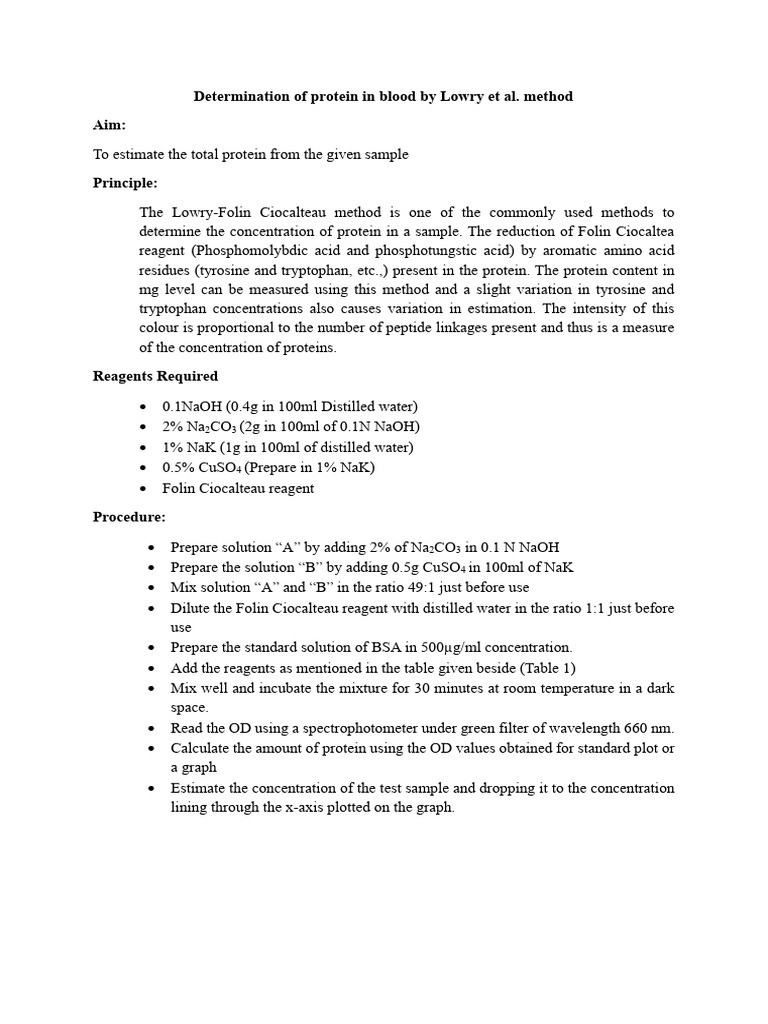 Determination of Protein by Lowry Et Al Method | PDF | Proteins ...