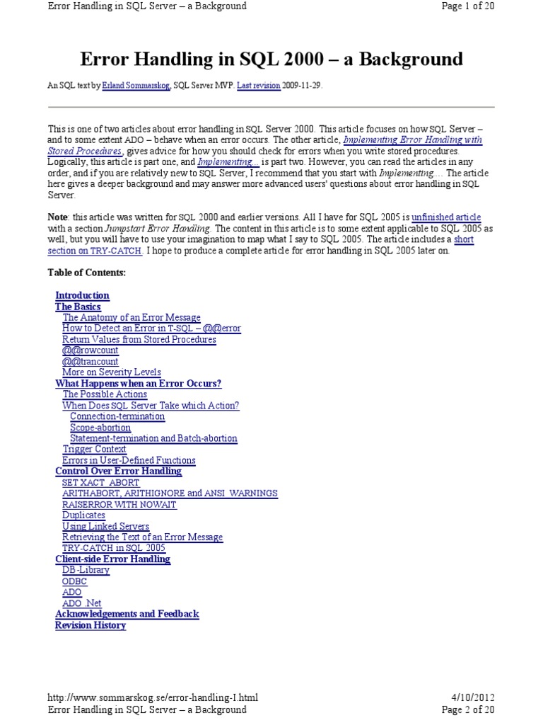 Sql 2000 Tsql Error Handling Pdf Microsoft Sql Server Database Transaction