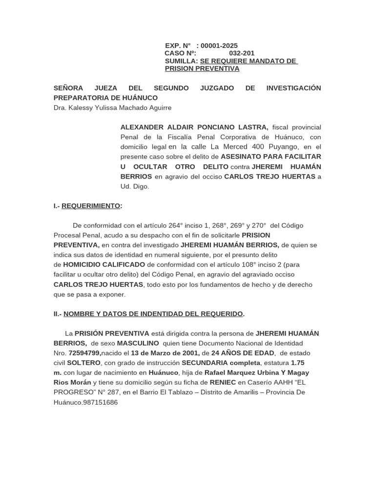 Modelo de Requerimiento de Prision Preventiva | PDF | Homicidio | Asesinato