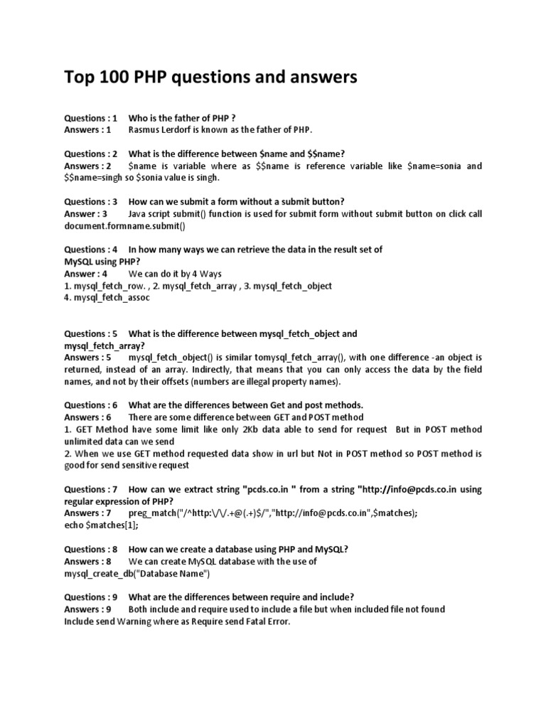 Top 100 PHP Interview Questions and Answers Are Below | PDF | Class (Computer Programming) | Php
