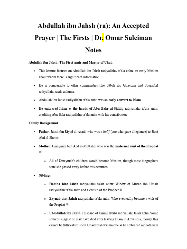 Abdullah Ibn Jahsh (Ra) An Accepted Prayer - The Firsts - Dr. Omar Suleiman | PDF | Muhammad ...