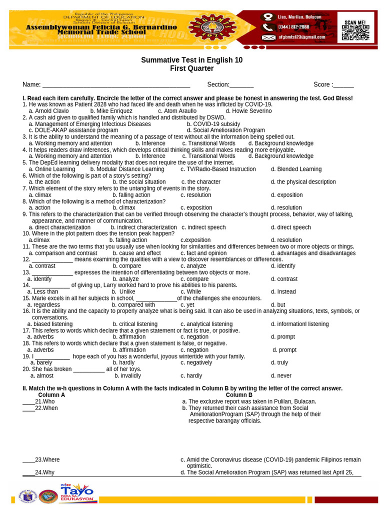 1st Quarter Summative Test in English 10 | PDF | Adverb