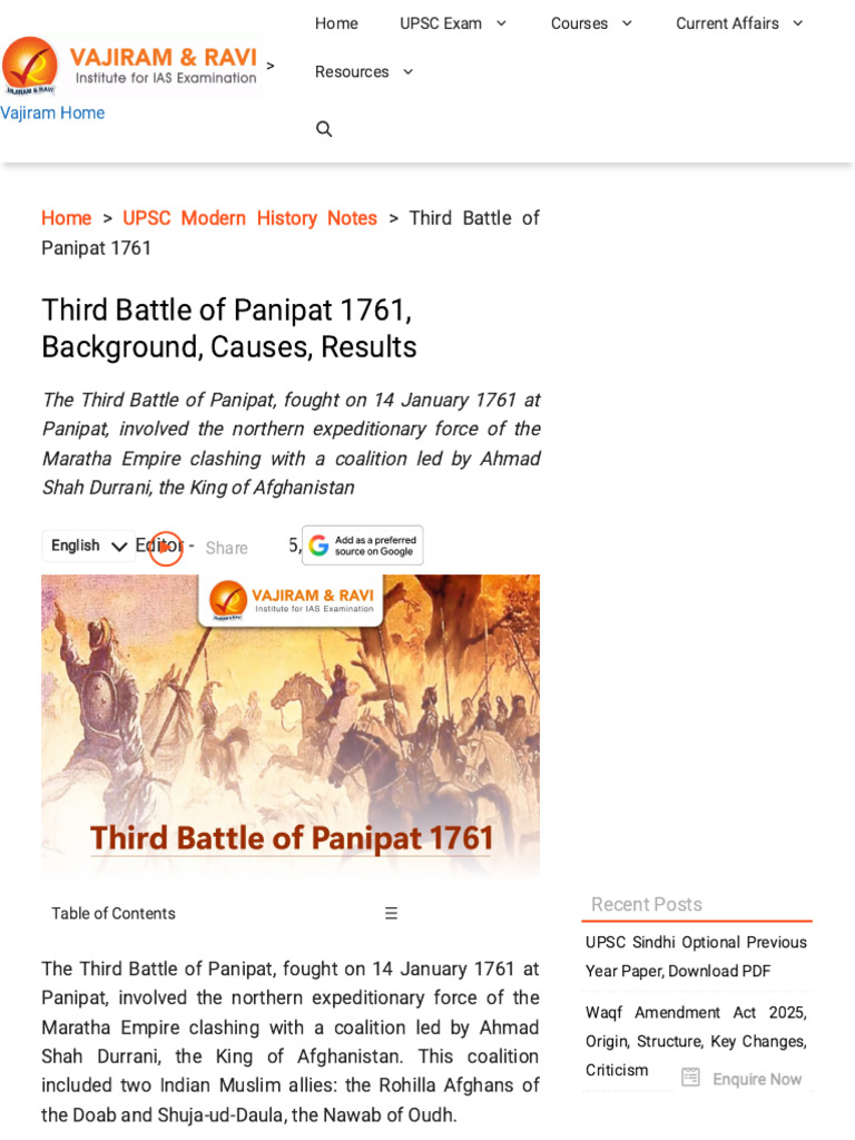 Third Battle of Panipat 1761, Background, Causes, Results | PDF ...