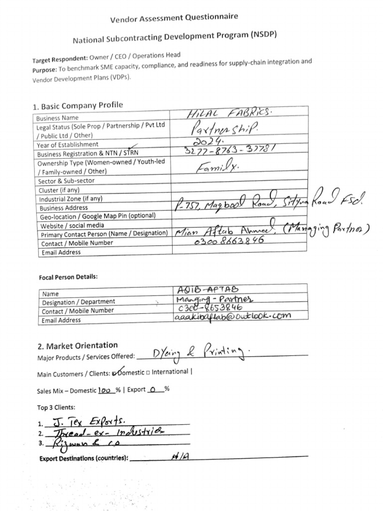 Vendor Assessment Questionnaire | PDF