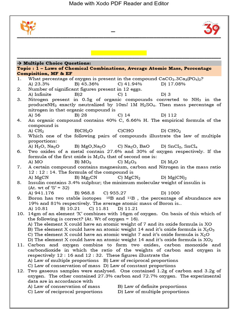 Stoichiometry - Chemistry - NEET Work Sheet | PDF | Redox | Mole (Unit)