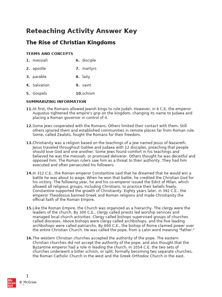 Answer Key For Reteaching Activity The Rise of Christian Kingdoms 1 ...