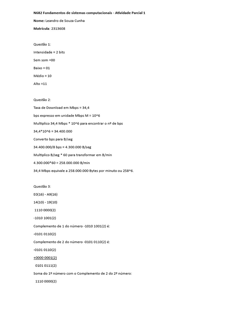 N682 Fundamentos de Sistemas Computacionais - Atividade Parcial 1 - Leandro de Souza Cunha | PDF ...