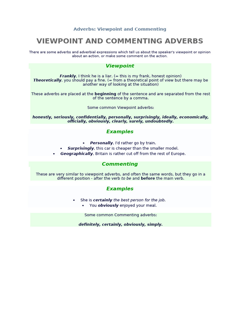 Viewpoint and Commenting Adverbs | PDF