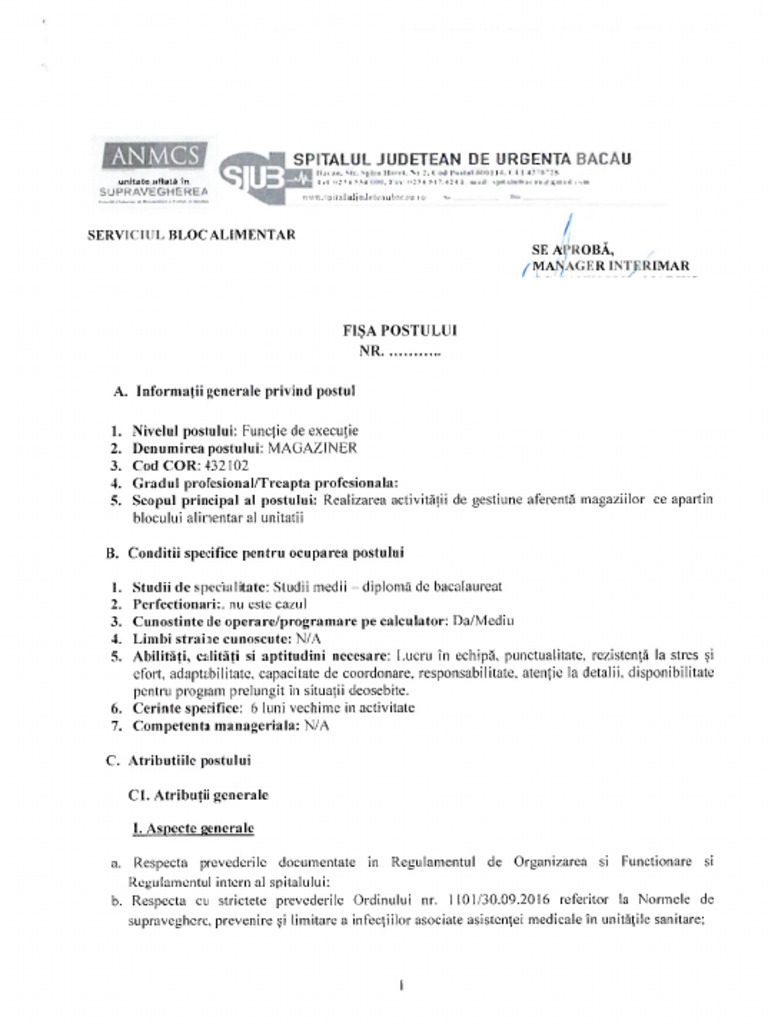 Fisa Postului Magaziner La Serviciul Bloc Alimentar | PDF