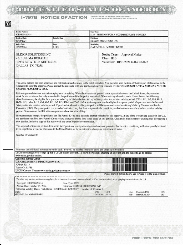 Madhu Babu Garimella - Approval Notice I797B | PDF