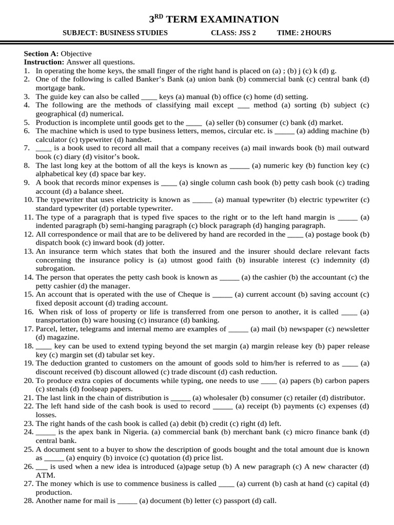 JSS 2 Business Studies 3rd Term Exam 2023-2024 | PDF | Paragraph | Banks