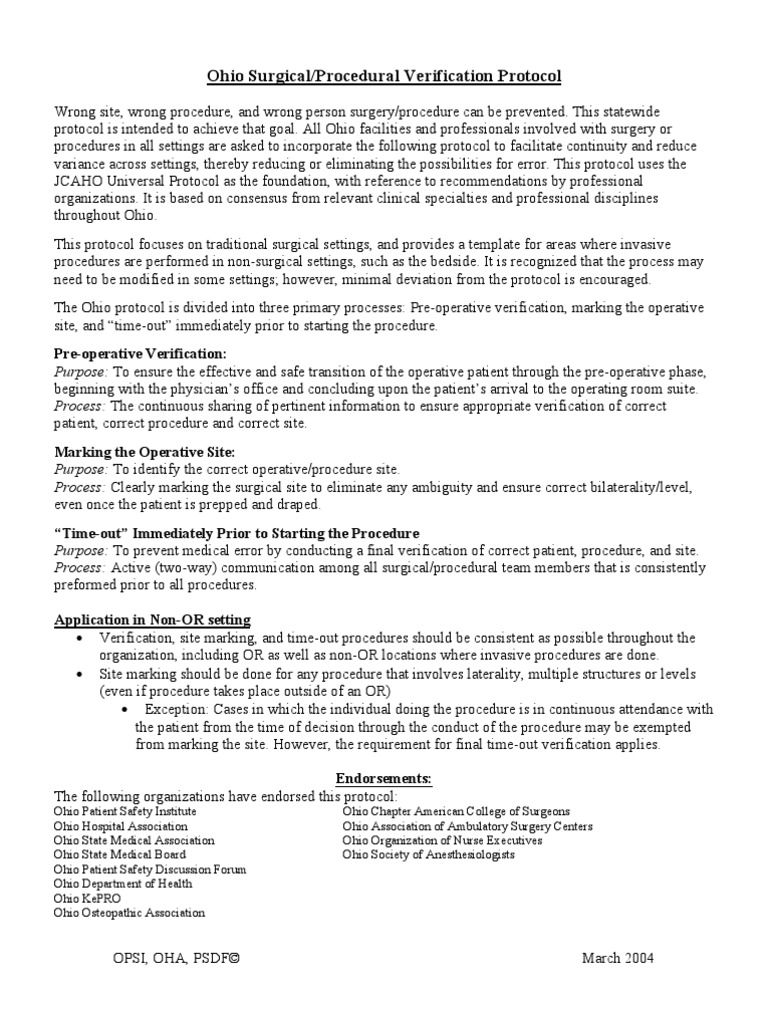 Procedural Verification Protocol Pdf Surgery Patient