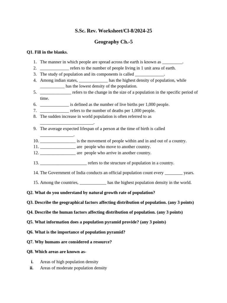 Geography Worksheet on Population Dynamics | PDF