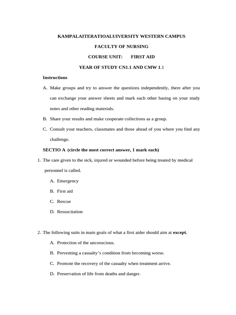 First Aid Course Assessment Questions | PDF | First Aid ...
