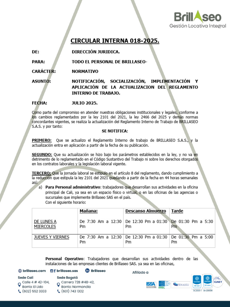 Circular Interna Normativa 018-2025 | PDF | Derecho laboral | Regulación