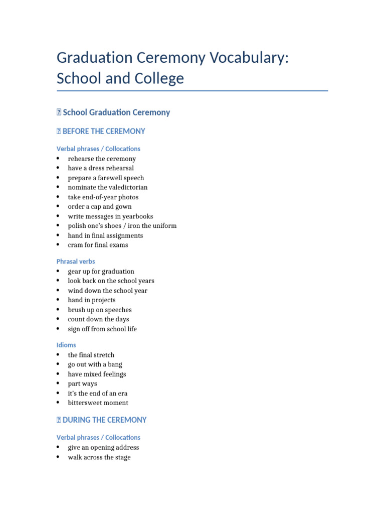 Graduation Ceremony Vocabulary Guide | PDF
