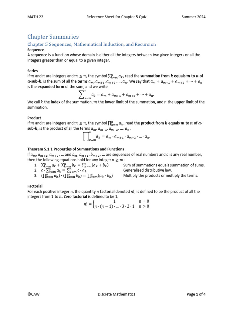 Chapter 5 Quiz Reference Sheet | PDF | Summation | Mathematical Proof