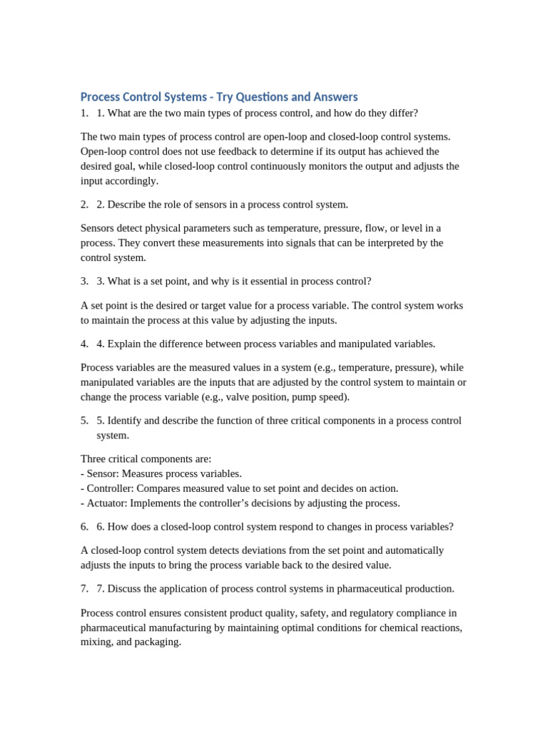 Process Control Questions And Answers Pdf Control Theory Control