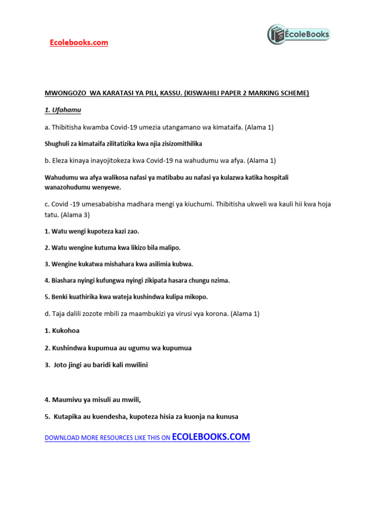 2021 Kassu Kiswahili P2marking Scheme | PDF