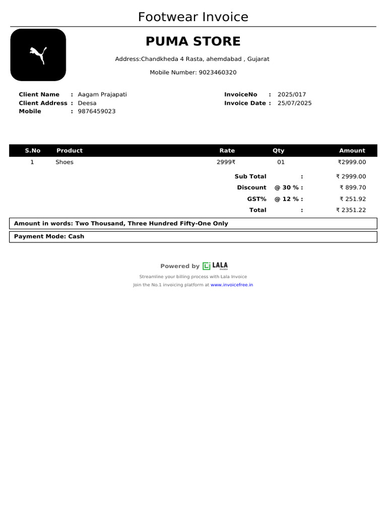 PUMA Footwear Invoice Details | PDF