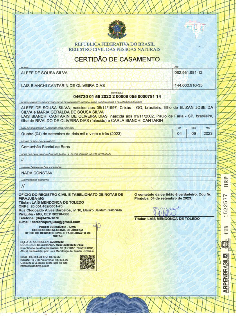Certidão de Casamento Aleff e Lais | PDF
