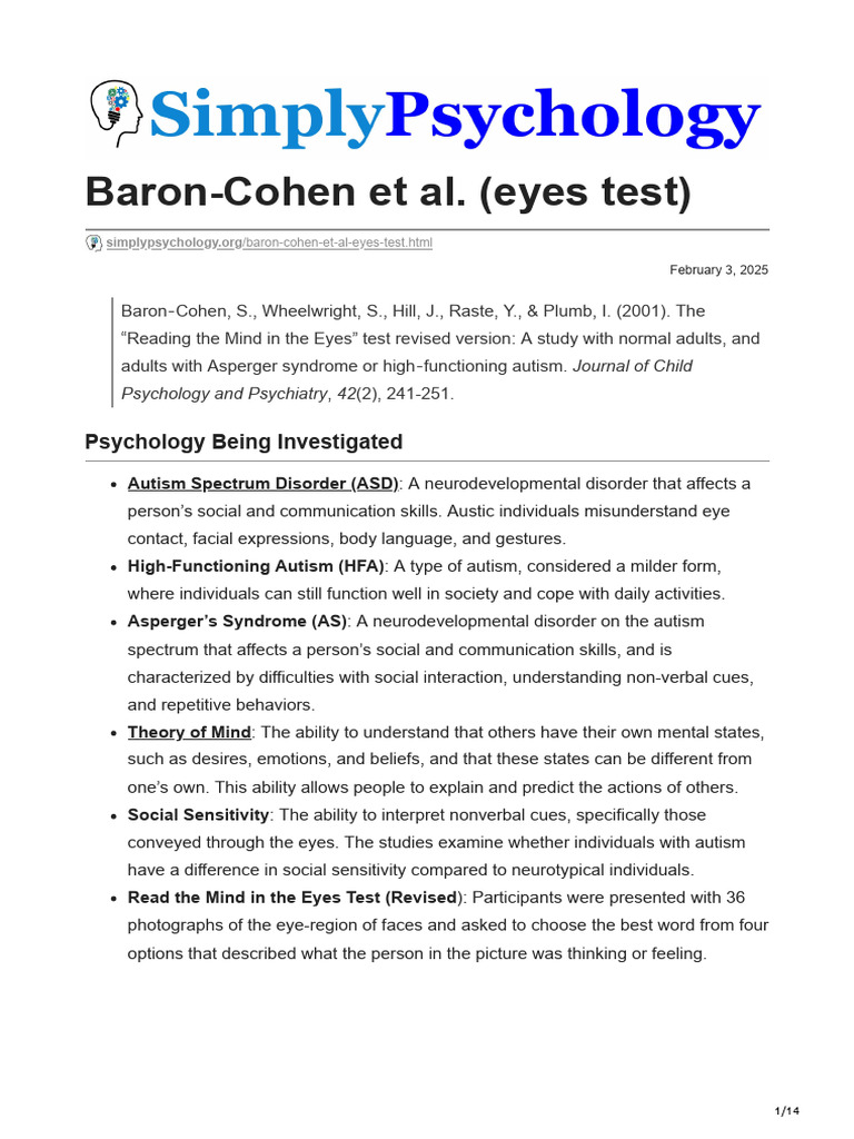 Baron Cohen Et Al Eyes Test | PDF | Autism | Theory Of Mind