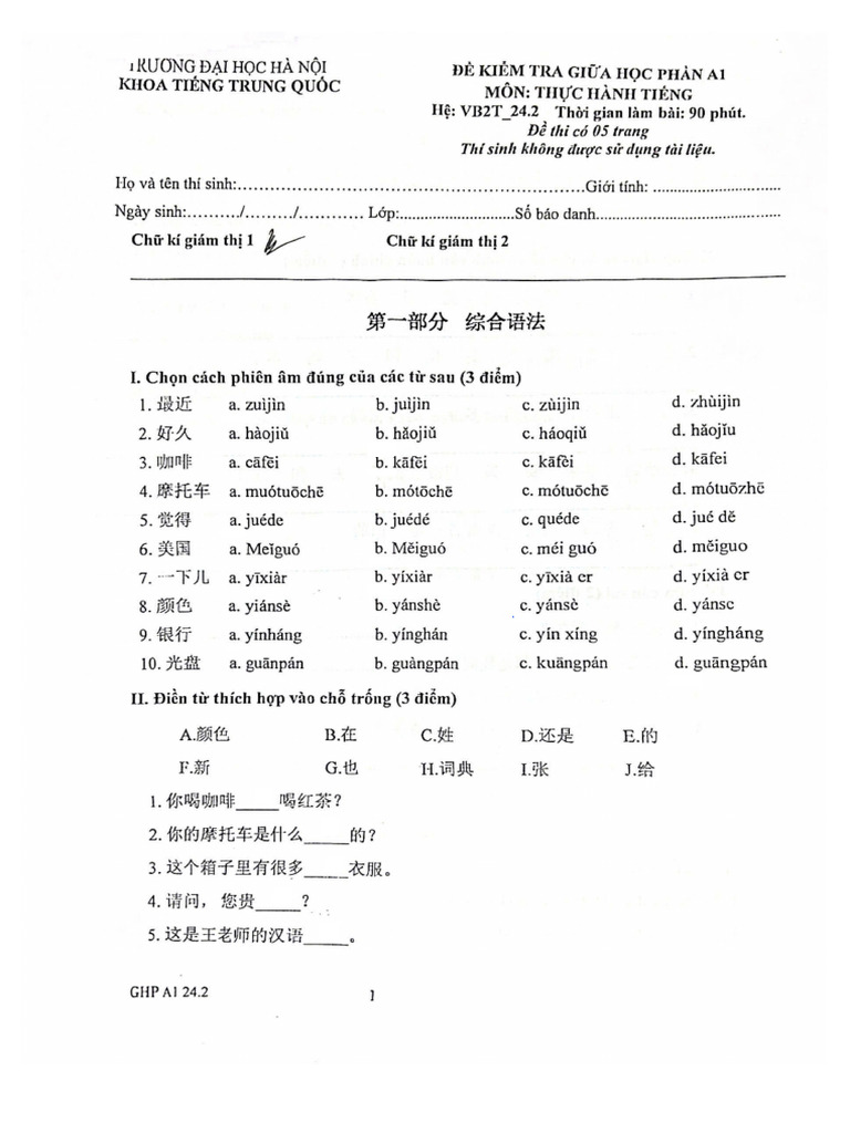 Kt Giữa Học Phần a1 24.2 | PDF