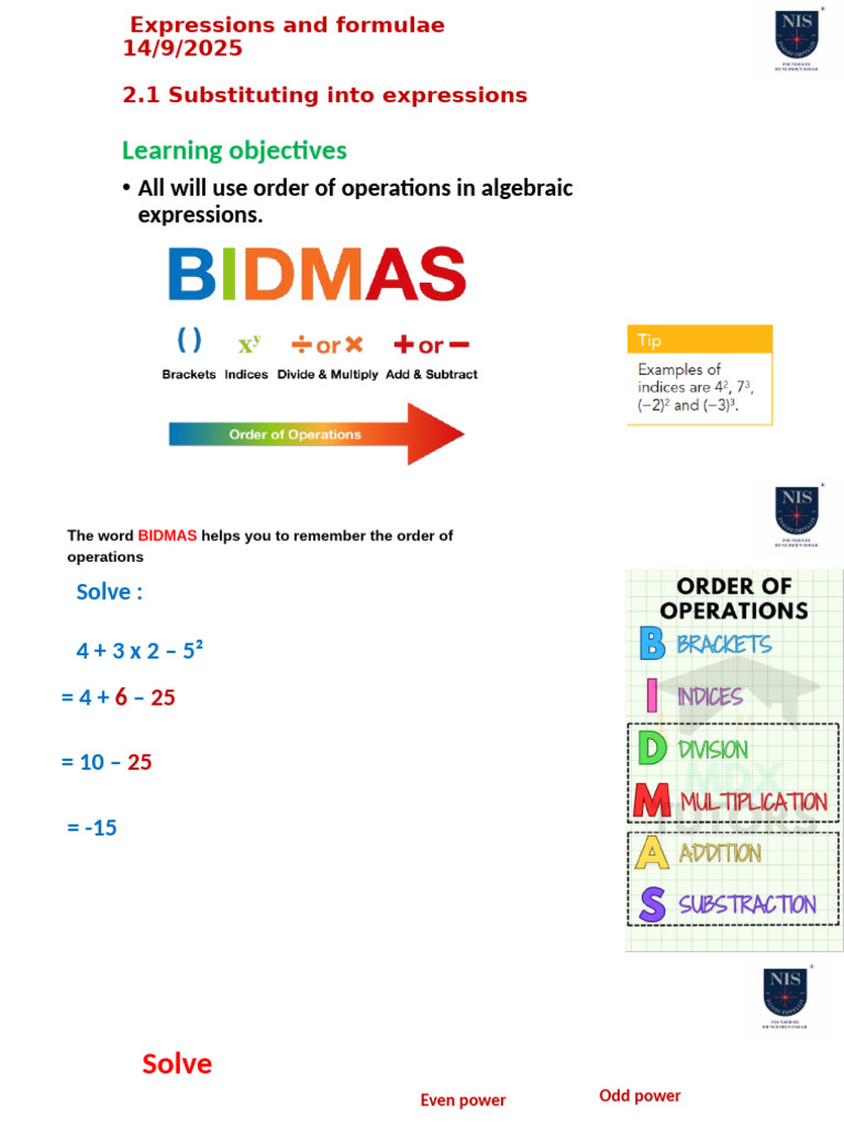 Learning Objectives: All Will Use Order of Operations in Algebraic ...