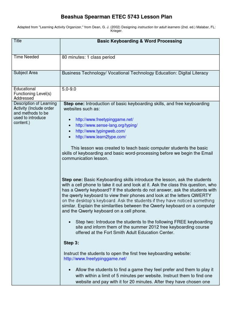 Beashua Spearman ETEC 5743 Lesson Plan: Basic Keyboarding & Word ...