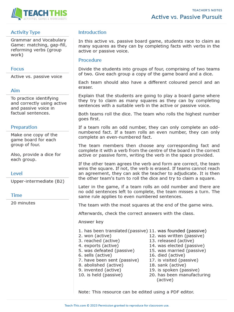 Active vs. Passive Voice Game | PDF | Linguistics