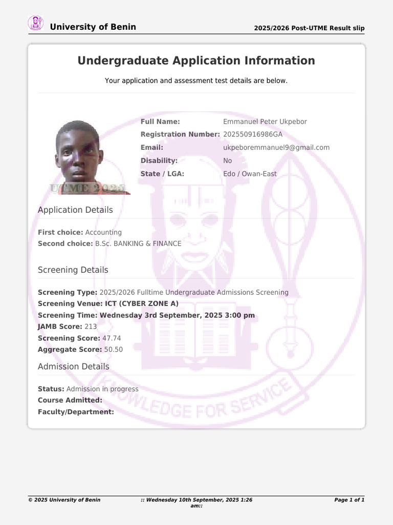 2025 Post-UTME Result Slip | PDF